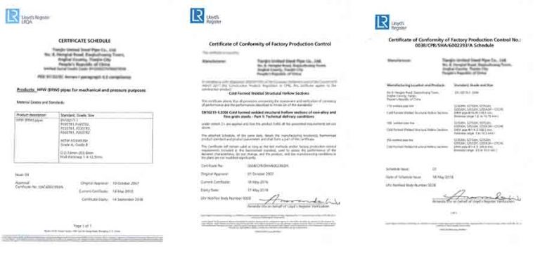 Certificate - Galvanized Steel Tube